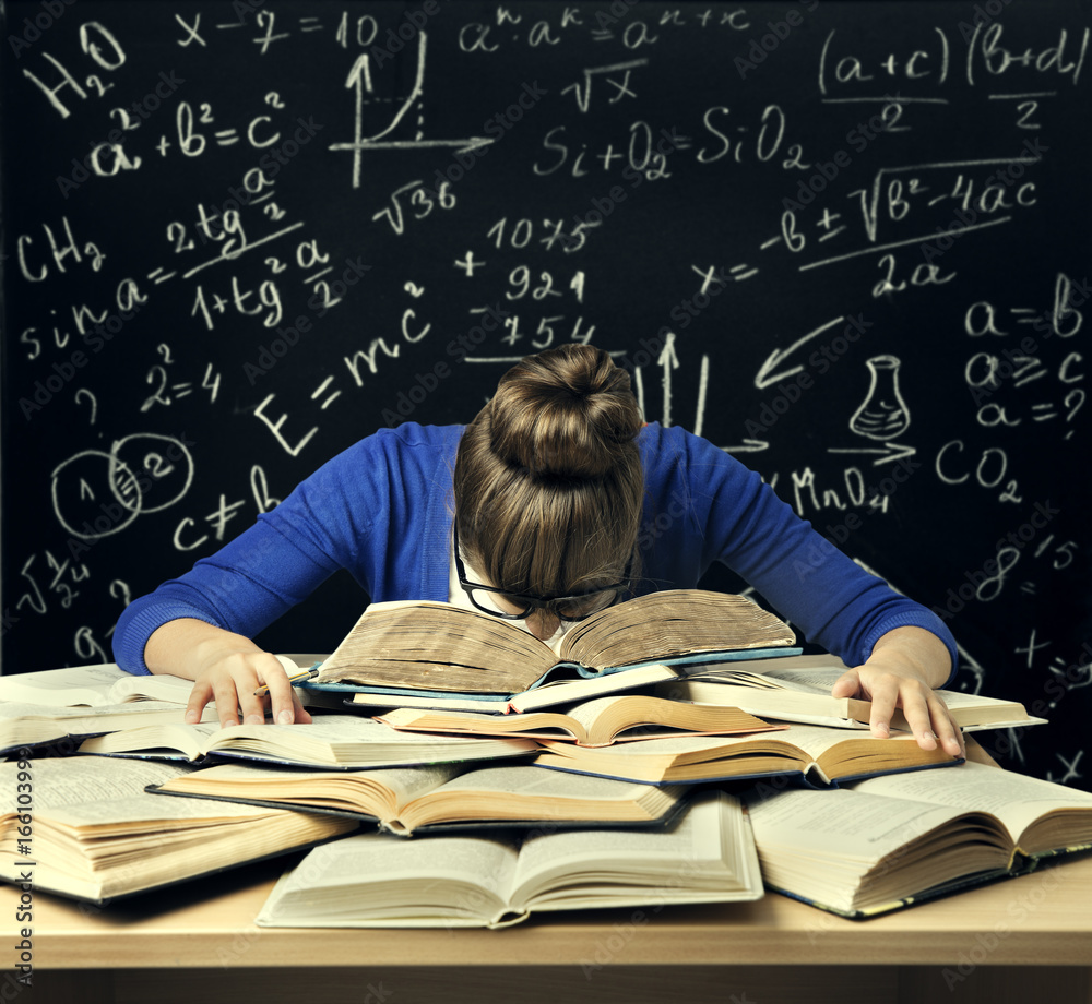 Student Hard Study, Tired Bored Woman Read Books over Blackboard Math ...