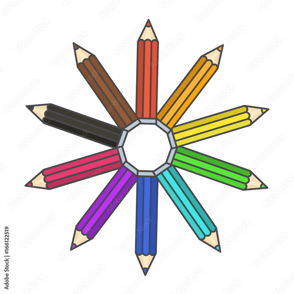 Flat bright colorful pencil symbol, colour pencils organized in color ...