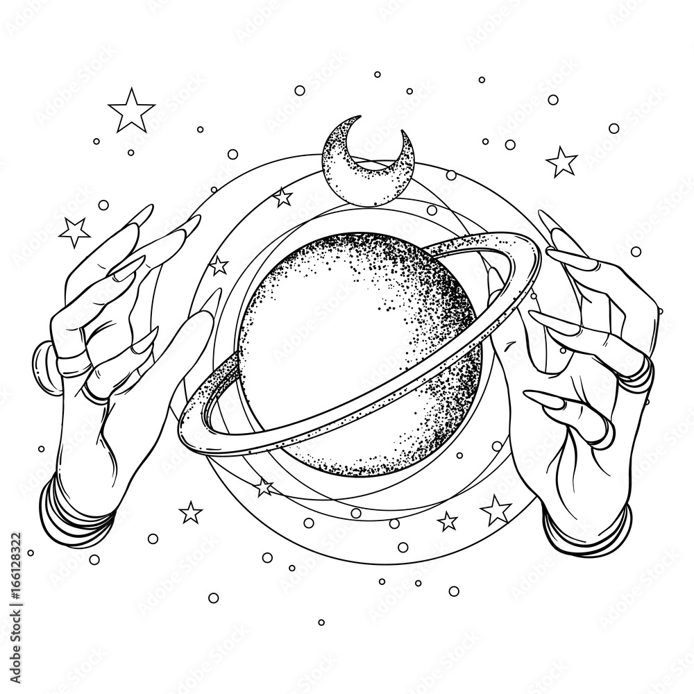 Human hand with space and sacred geometry symbols. Dotwork tattoo flash ...