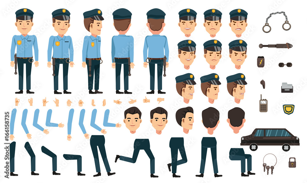 เวกเตอร์ Stock Security guard creation set. animated character. Icons ...