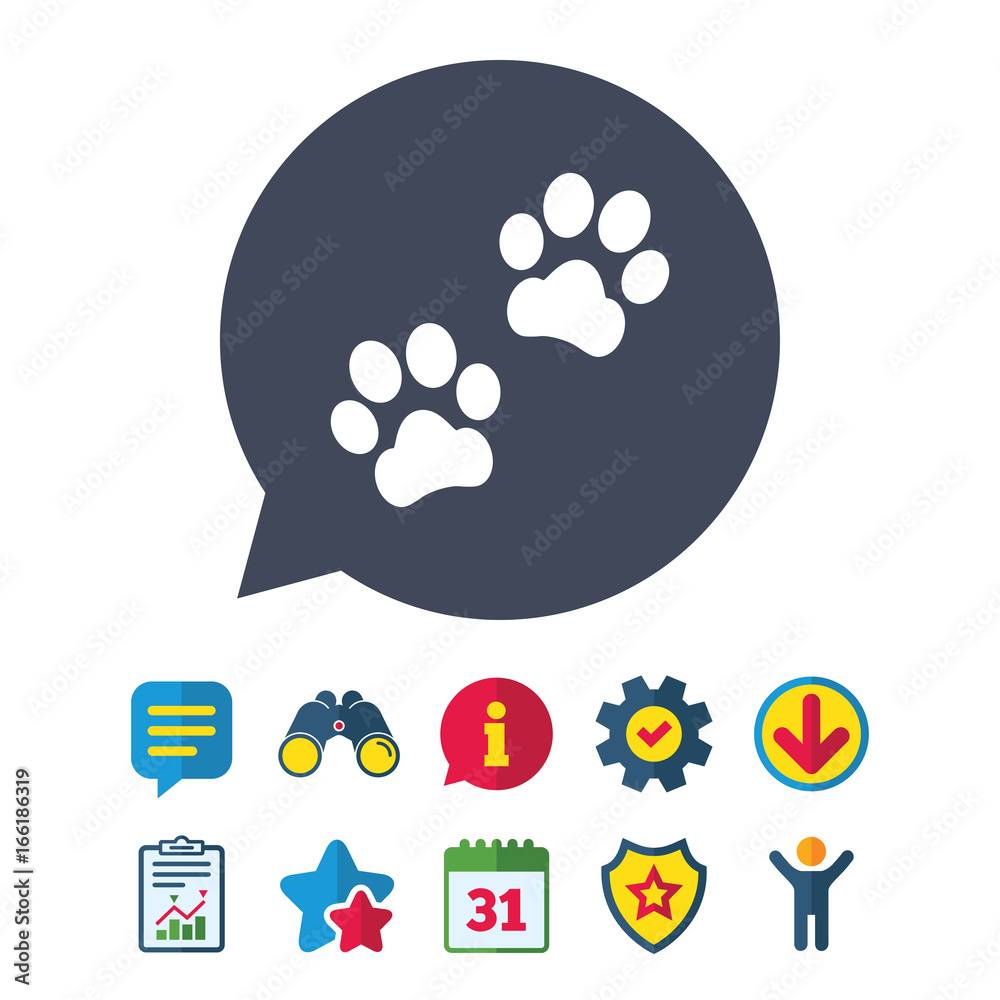 Paw sign icon. Dog pets steps symbol. Information, Report and Speech ...