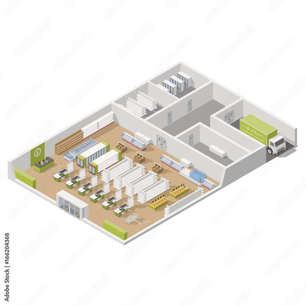 Grocery supermarket with storage rooms and goods unloading area ...