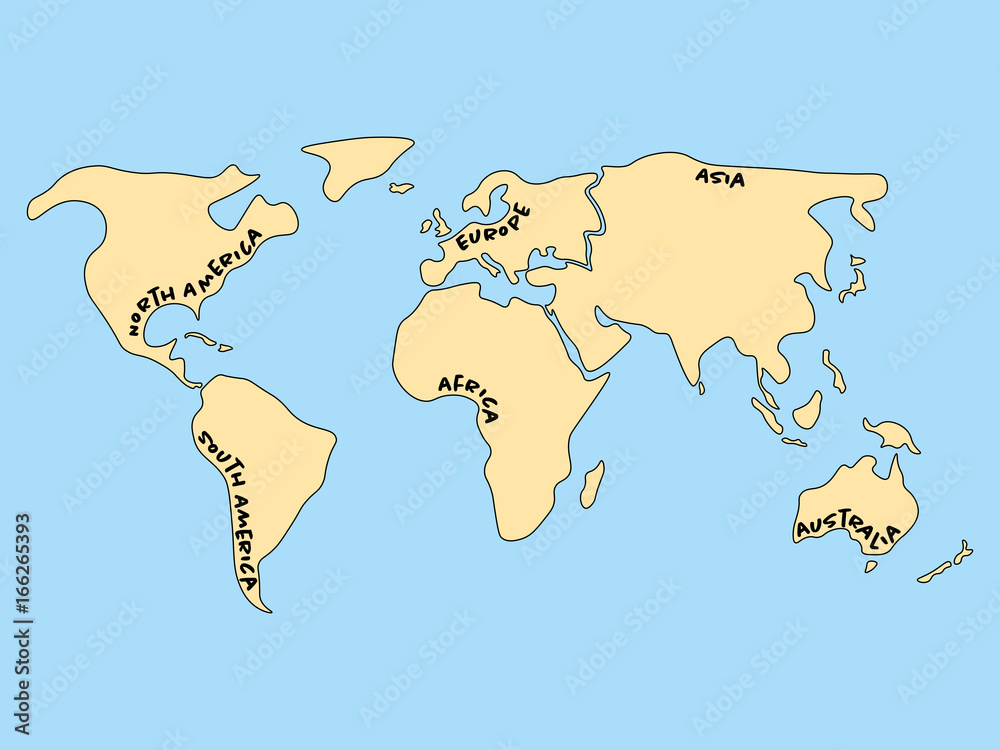 Vector de Stock World map divided to six continents. Yellow lands and ...