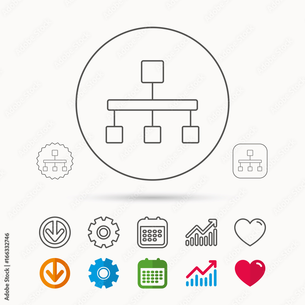 Hierarchy icon. Organization chart sign. Database symbol. Calendar, Graph chart and Cogwheel ...