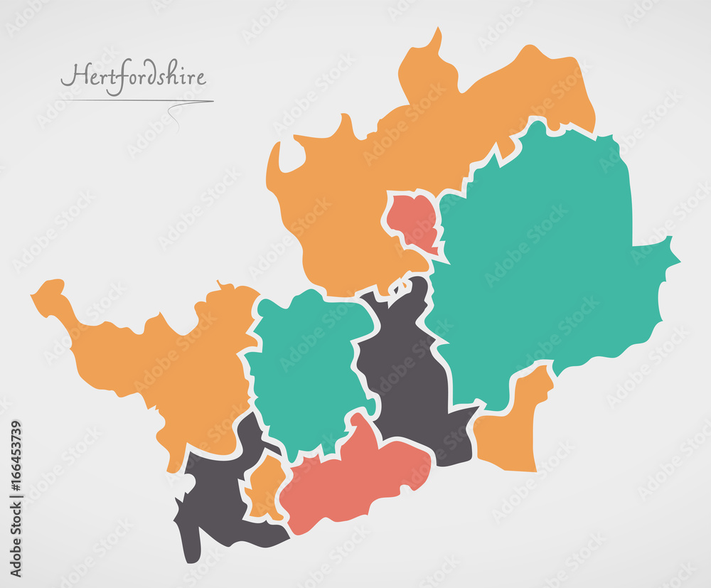 Hertfordshire England Map with states and modern round shapes Stock ...