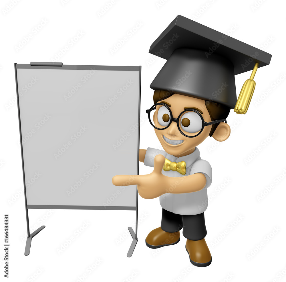 3D Scholar Man Mascot is presentation in front of the a briefing chart ...