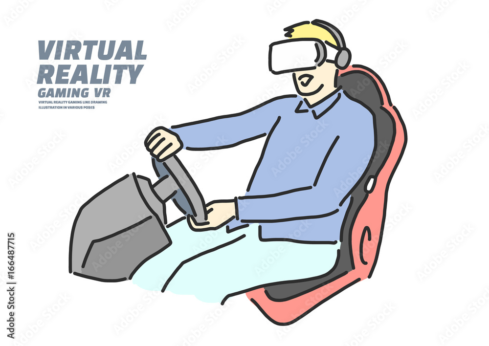 Virtual Reality gaming VR Game Racing, line drawing illustration in ...