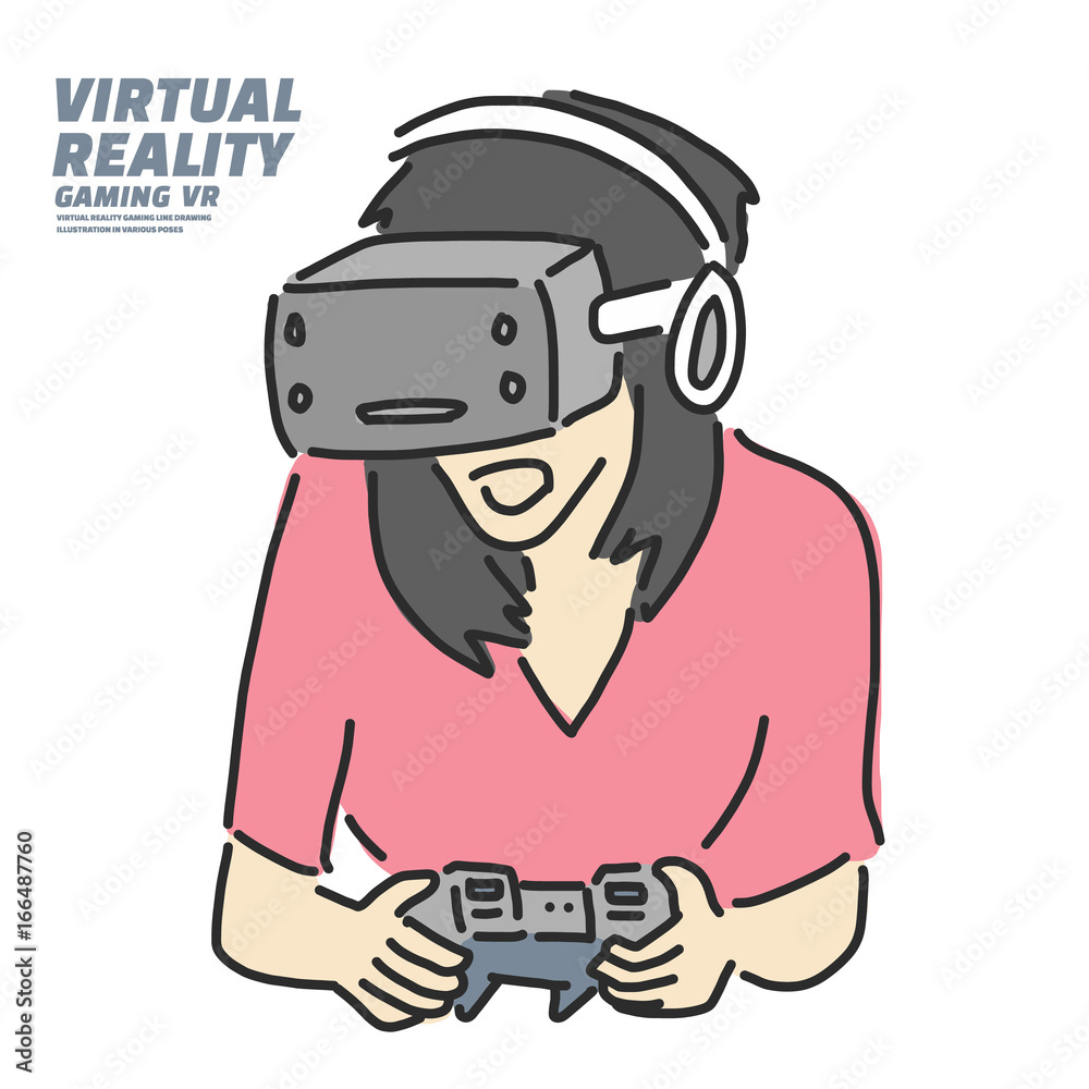 Virtual Reality gaming VR Game, line drawing illustration in various ...