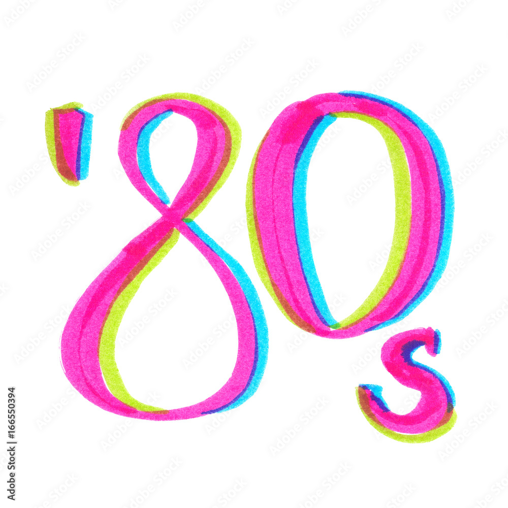 Big calligraphic hand written sign "80s" painted in neon pink, blue and ...