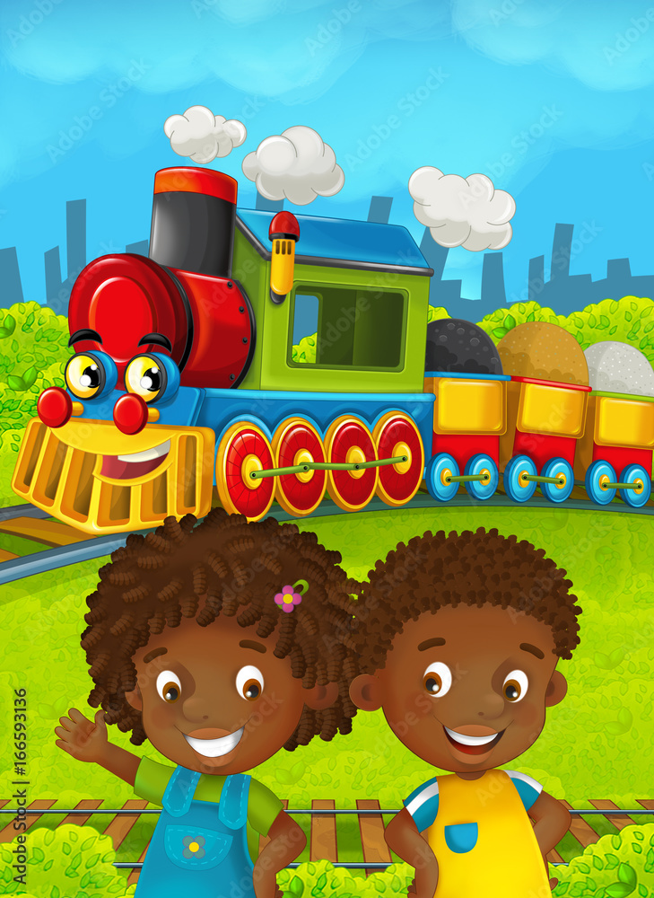 Cartoon train scene with happy kids playing on the playground ...