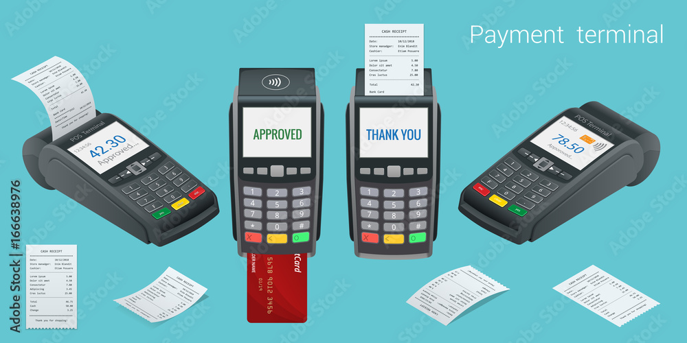 Vector payment machine and credit card. POS terminal confirms the payment by debit credit card ...