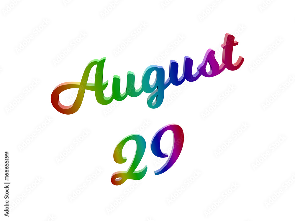 August 29 Date Of Month Calendar, Calligraphic 3D Rendered Text Illustration Colored With RGB ...
