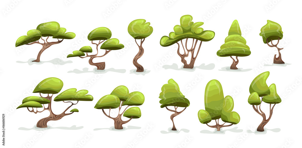 Green tree set. Cartoon vector illustration, isolated on white ...