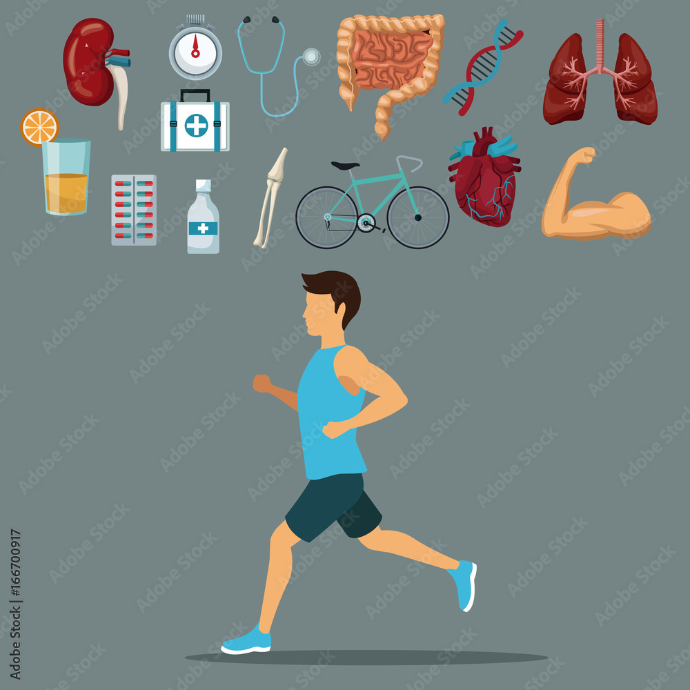 color background with set icons health elements and closeup full body ...