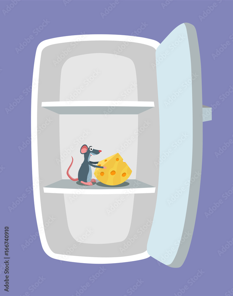 Empty fridge and mouse with cheese inside it. Nasty rat rodent eating ...