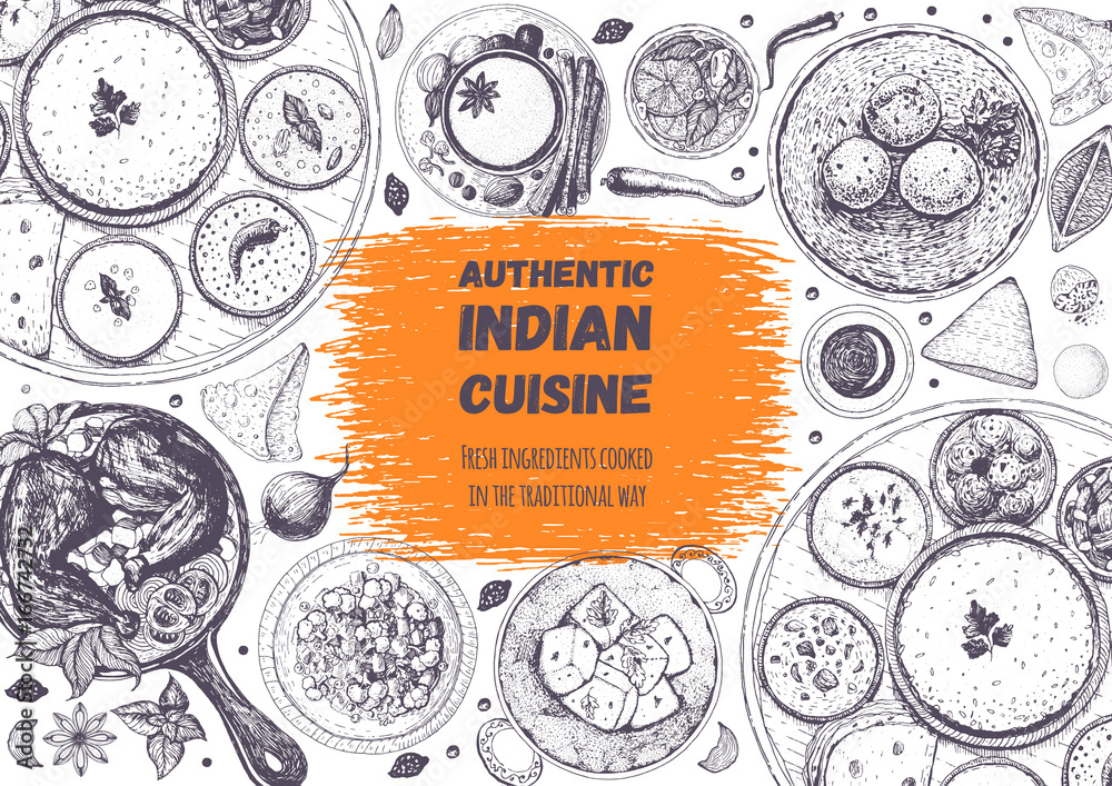 Indian cuisine top view frame. Indian food menu design. Vintage hand ...