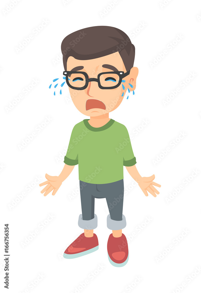 Sad caucasian boy in glasses sobbing. Full length of desperate little ...