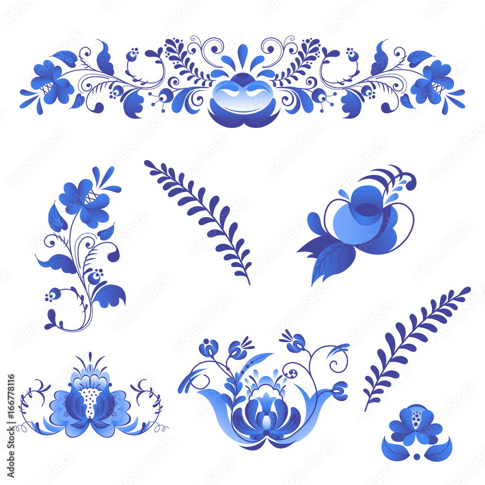 Russian ornaments art gzhel style painted with blue on white flower ...