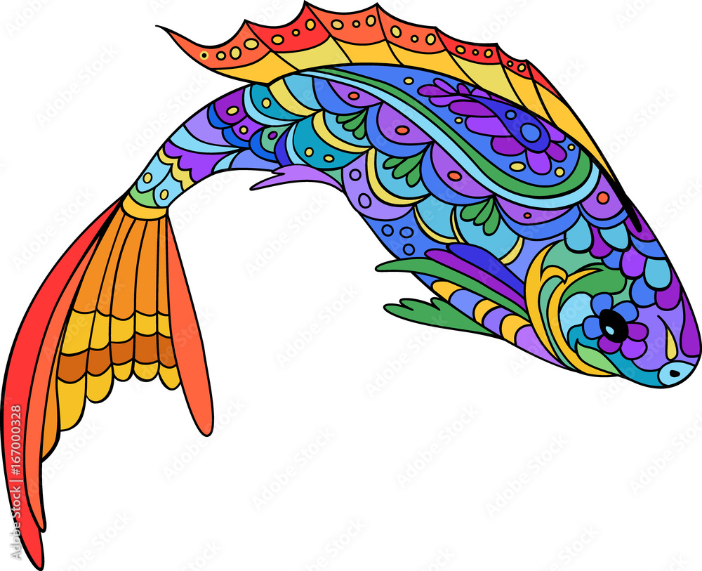 Hand drawn stylized sea fish, zen-doodle style art. Catoon animal for ...