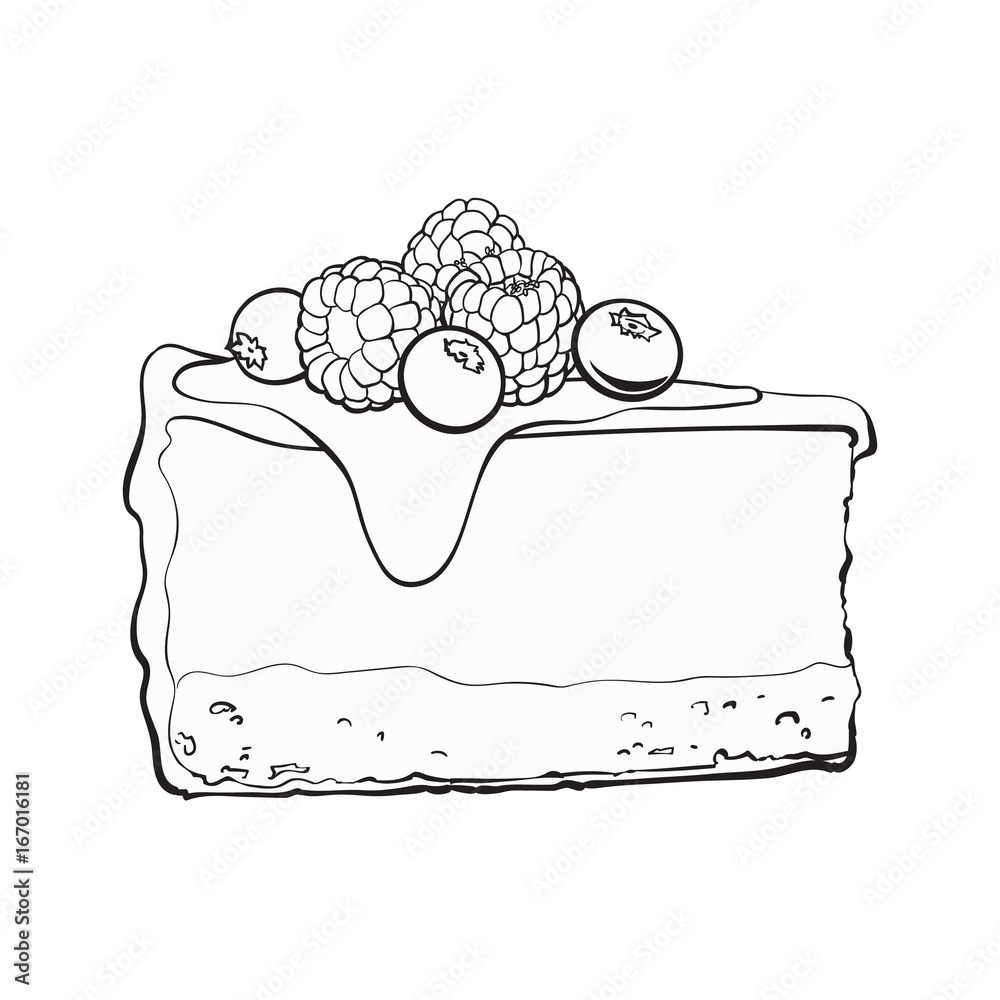 black and white hand drawn piece of cheesecake decorated with fresh ...