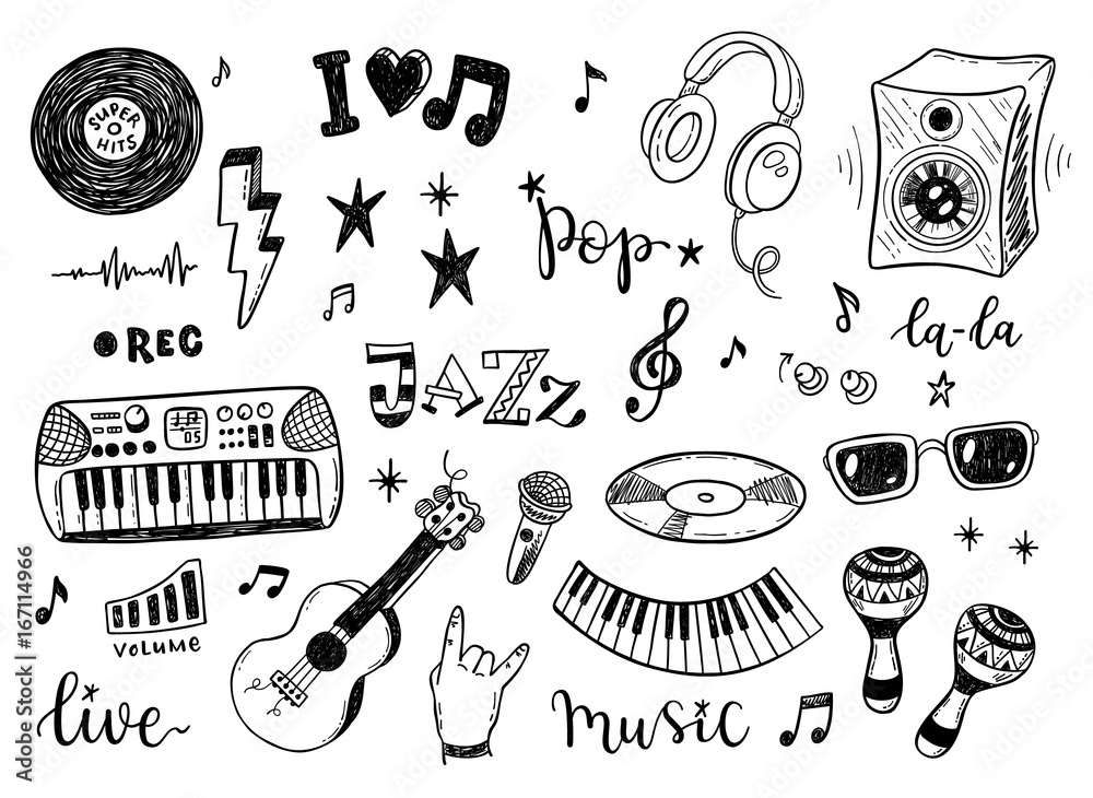 Hand drawn sketch set of music culture doodles, instruments, notes ...
