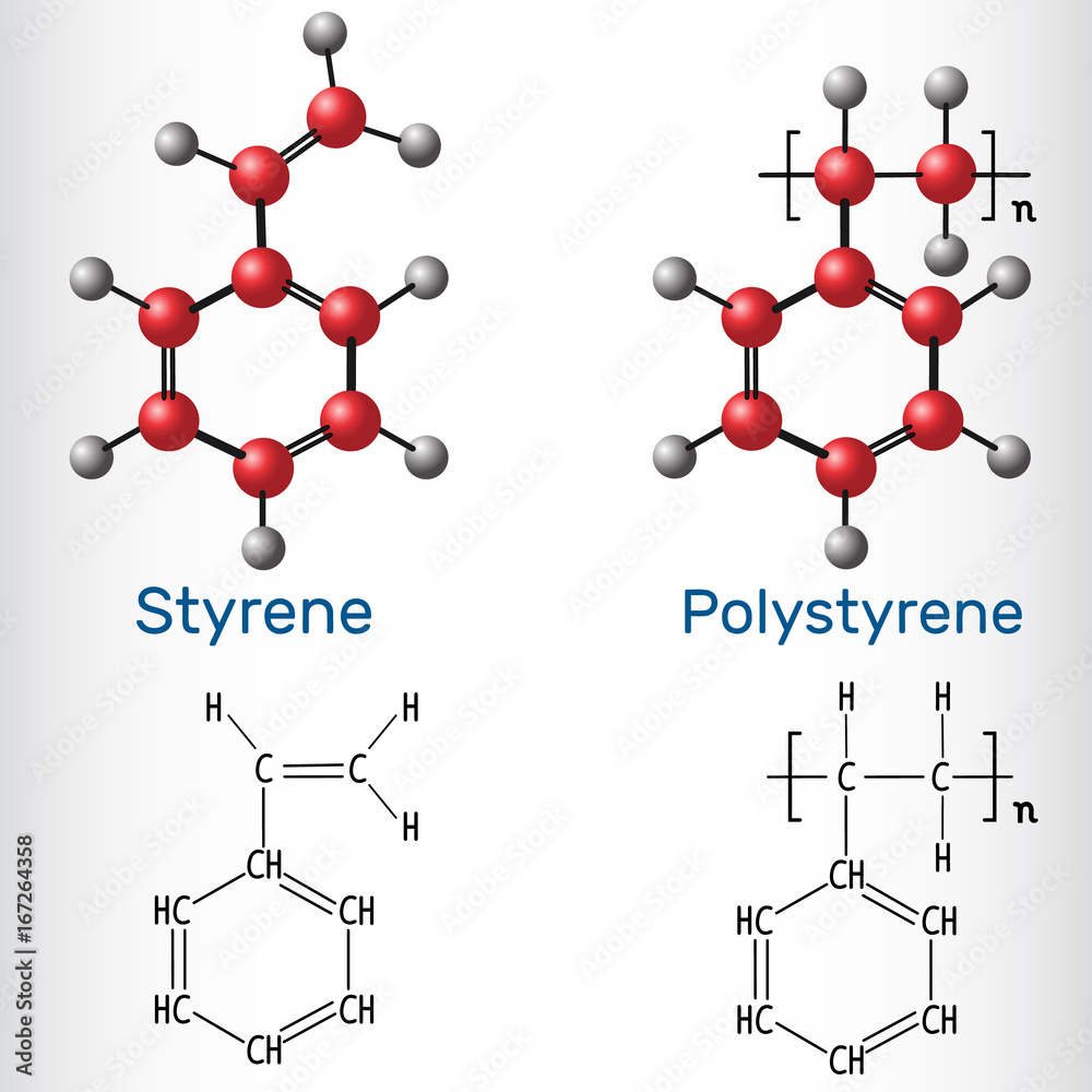 Styrene and Polystyrene (PS) polymer molecule - structural chemical ...