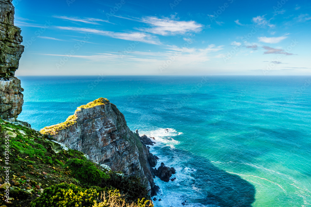 Rugged rocks and steep cliffs of Cape Point in the Cape of Good Hope ...