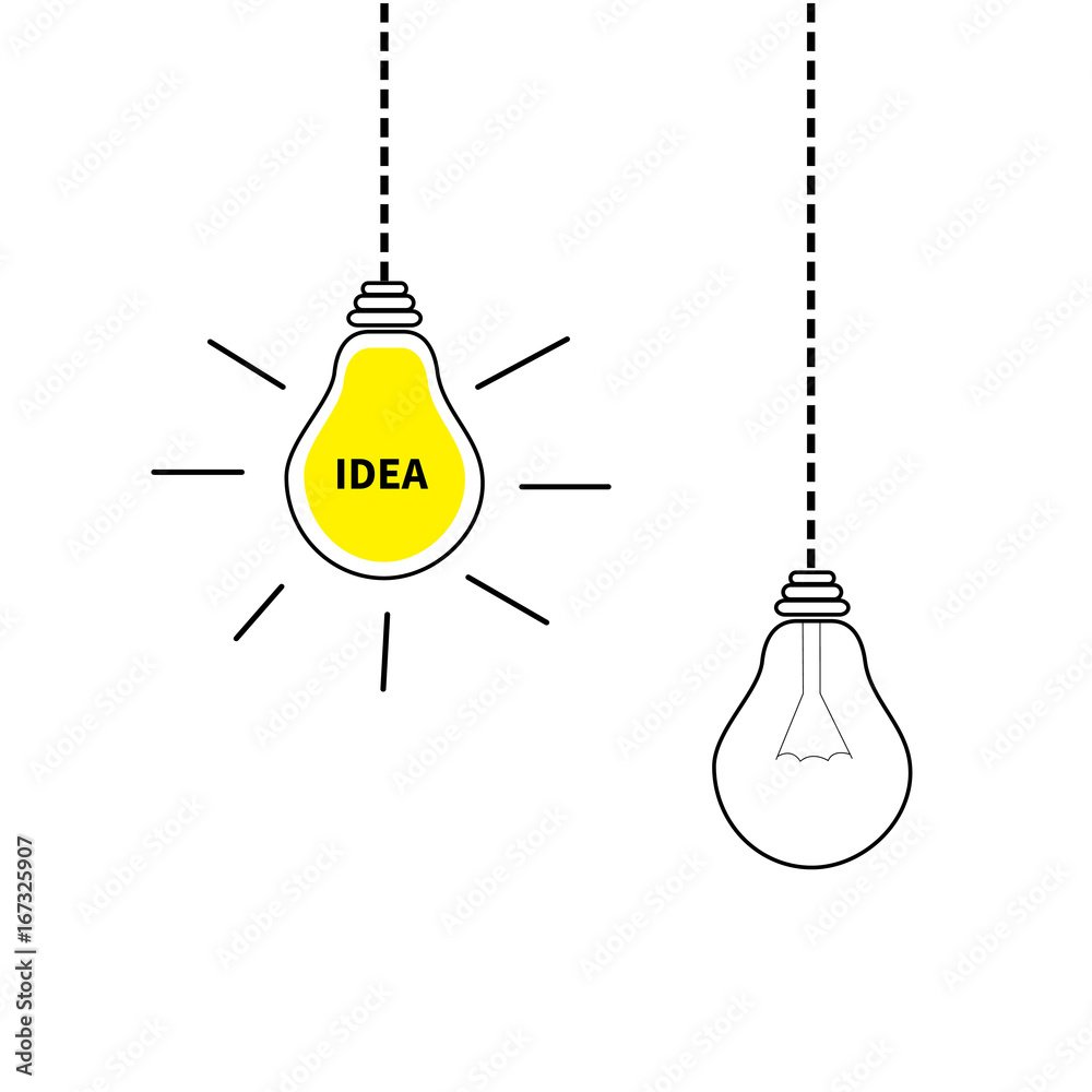 Hanging light bulb icon set. Switch on off lamp. Idea text inside ...