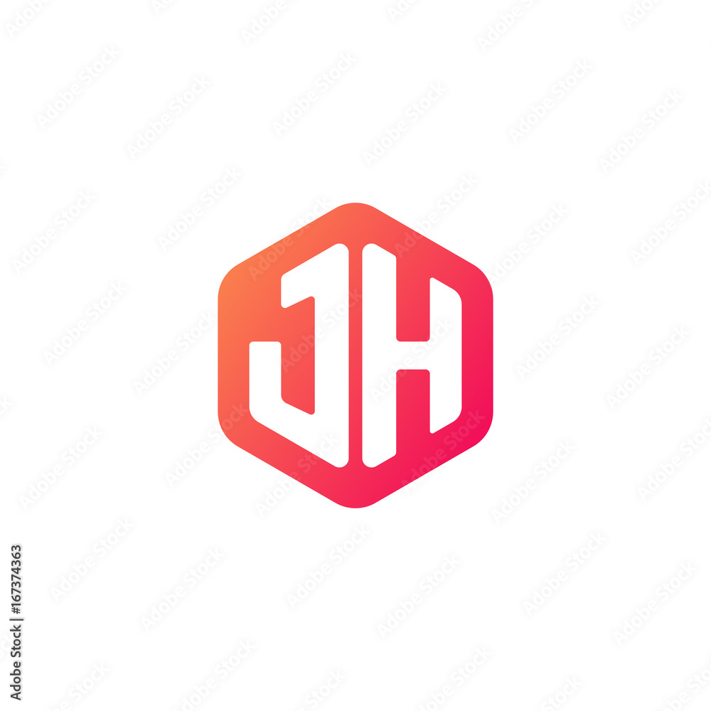 Initial letter jh, rounded hexagon logo, gradient red orange colors ...