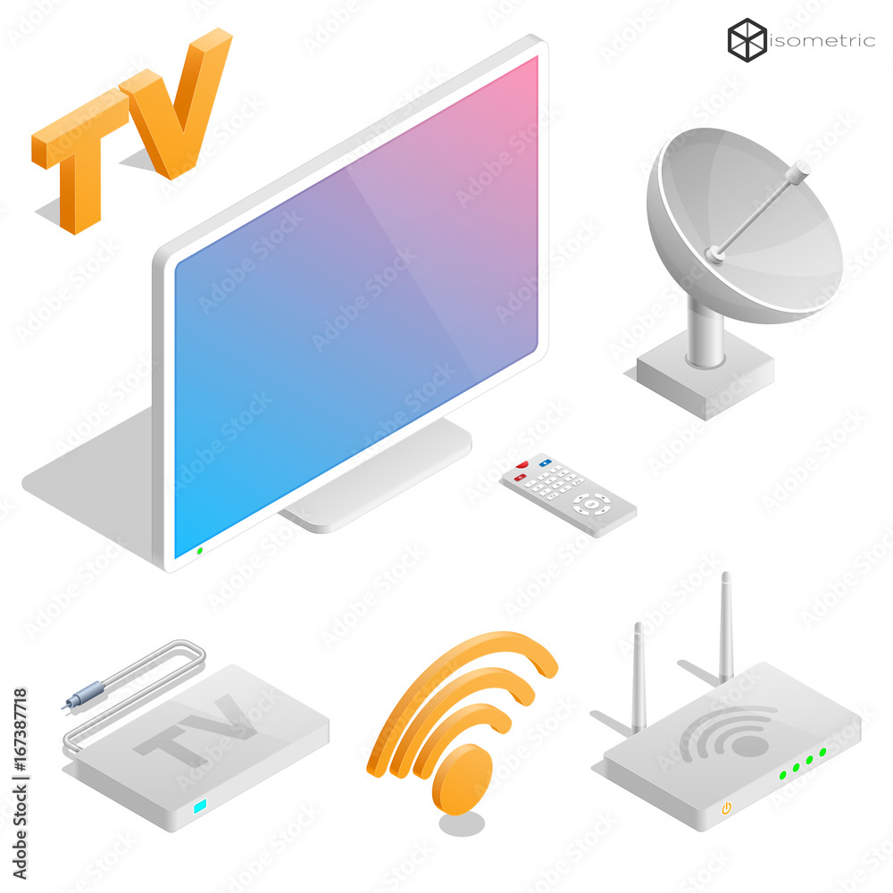 Realistic icons in isometric television, set of isometric icons in TV ...
