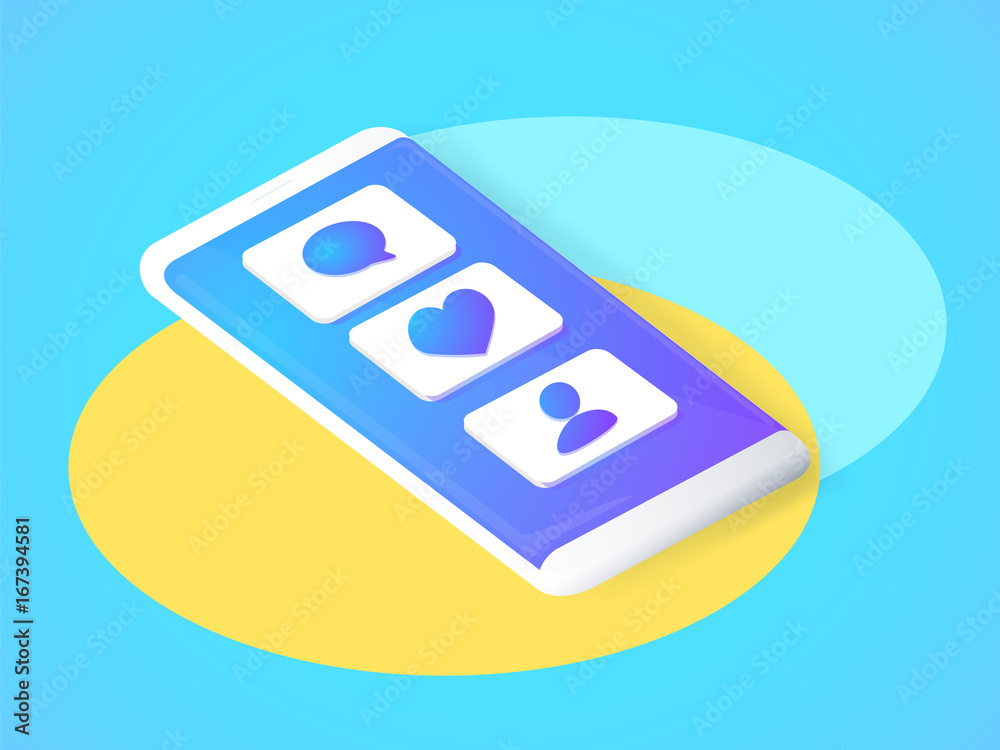 Isometric concept with mobile phone and push notification with likes ...