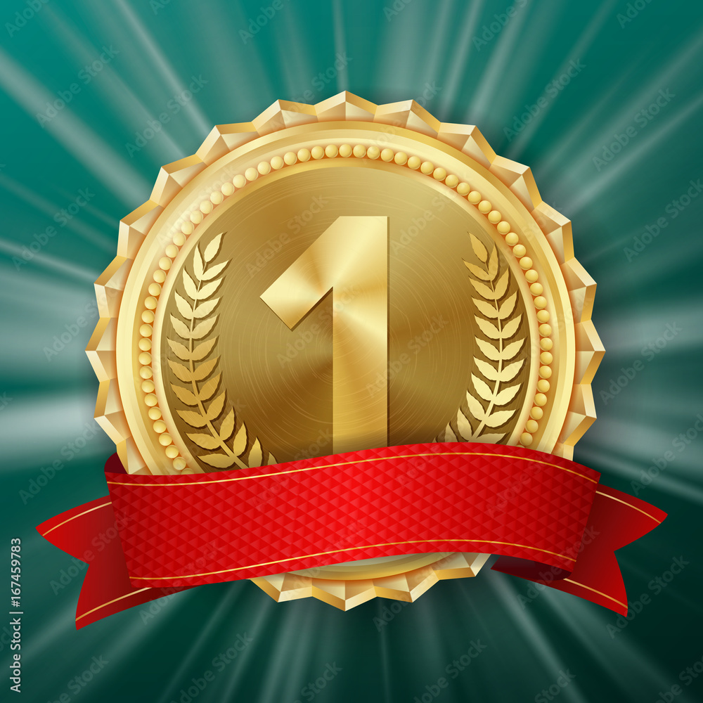 Gold Medal Vector. Golden 1st Place Badge. Metallic Winner Award. Red ...