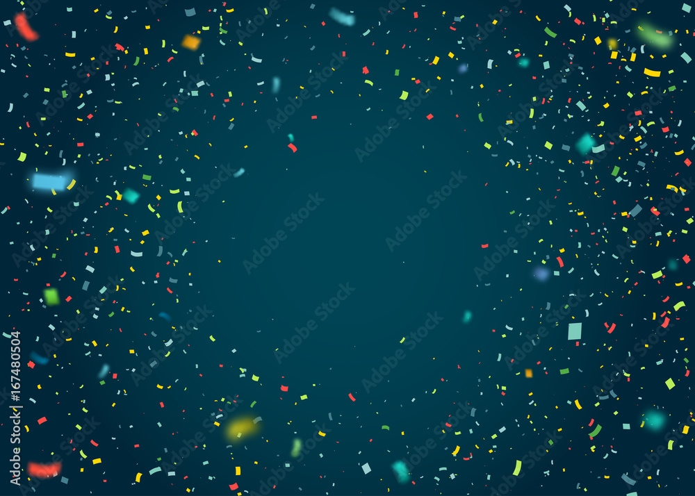 Stock-Vektorgrafik „Colorful confetti falling randomly. Abstract blue background with explosion ...