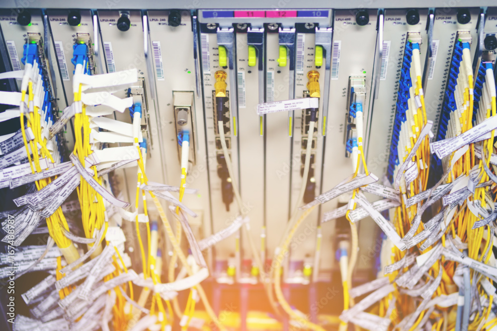 Optical fiber and card equipment background in telecommunications ...