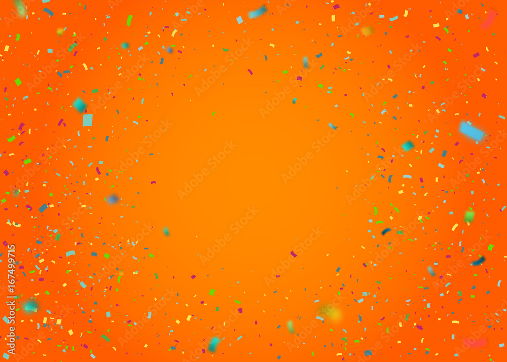 Colorful confetti falling randomly. Abstract orange background with explosion particles. Vector ...