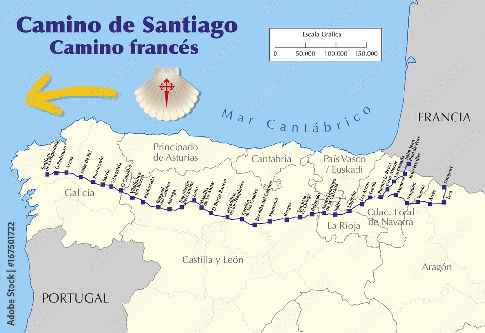 Obraz mapa wektora trasy francuskiej Camino de Santiago na wymiar ... Obraz mapa wektora trasy francuskiej Camino de Santiago na wymiar ...