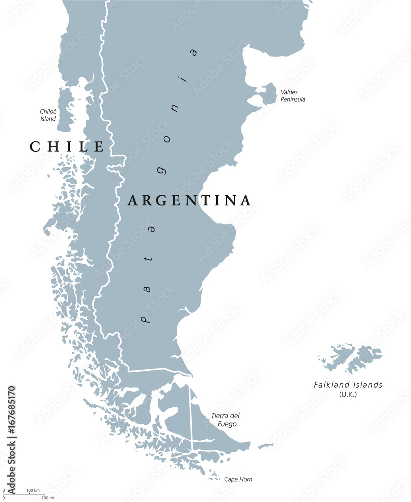 Patagonia political map. The southern end of continent South America ...