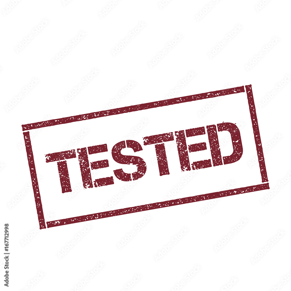 Tested rectangular stamp. Textured red seal with text isolated on white ...