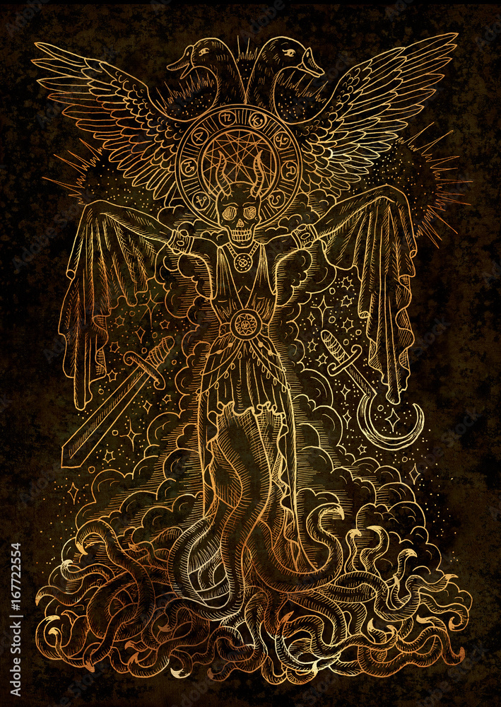 Mystic illustration with evil goddess or female demon with tentacles ...