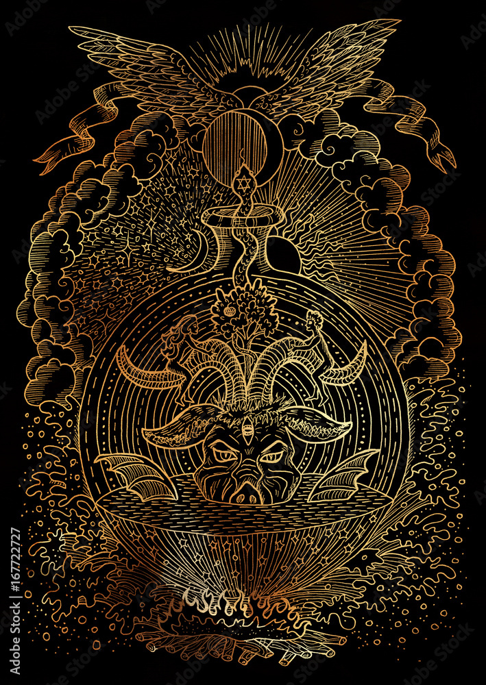 Mystic illustration with spiritual and christian religious symbols as ...