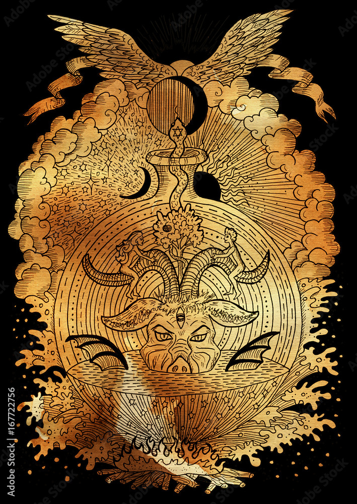 Mystic illustration with spiritual and christian religious symbols as ...