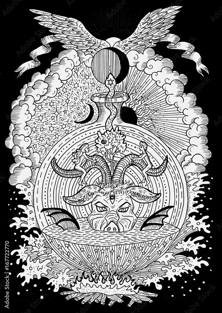 White mystic illustration with spiritual and christian religious ...