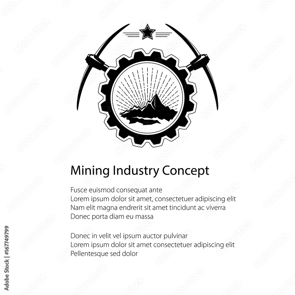 Mining Industry Emblem, Sunburst and the Mountains in Gear with Pickaxe ...