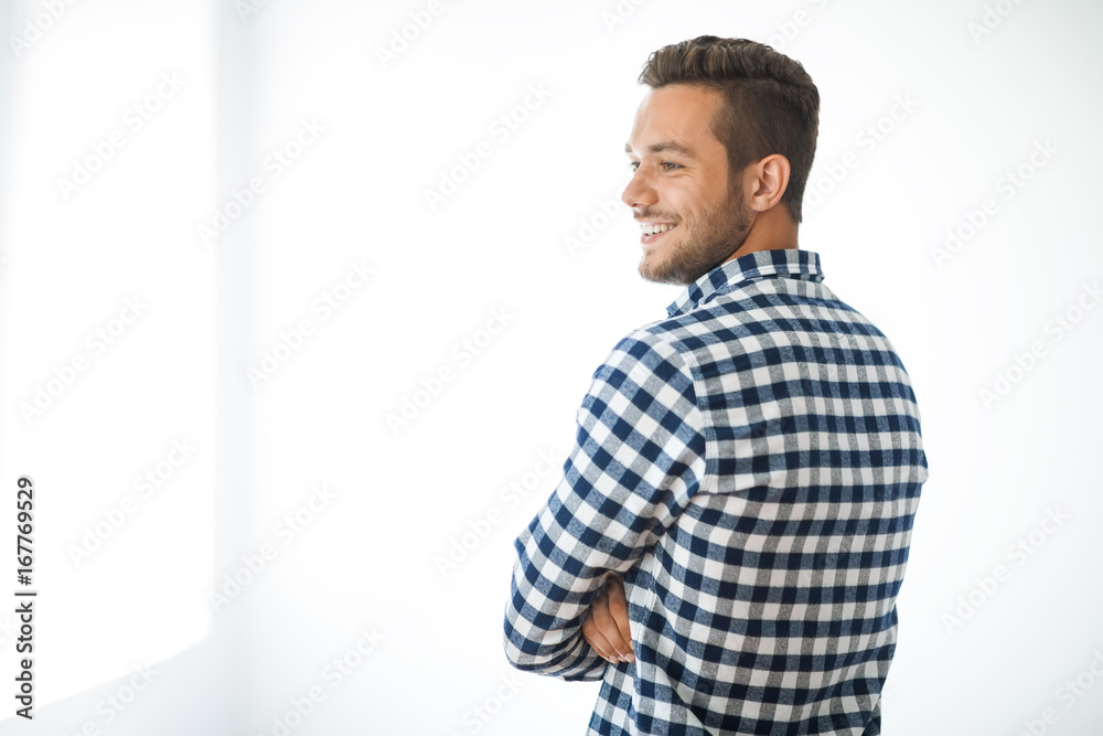 Side view portrait of smiling handsome man on white background Stock ...