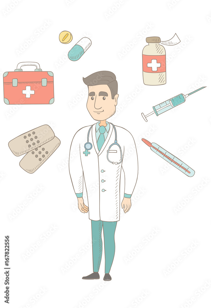 Young caucasian confident doctor in medical gown and medical supplies ...