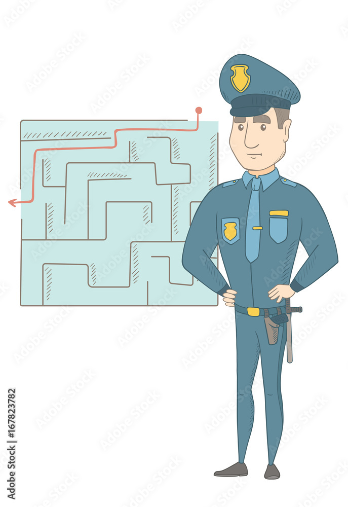 Caucasian policeman thinking about the solution of a confused criminal ...