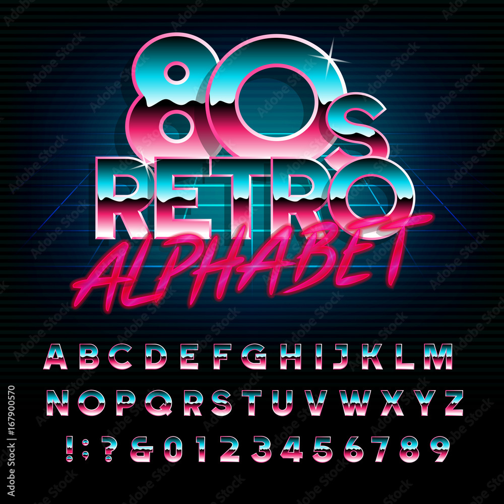 80's retro alphabet font. Metallic effect type letters and numbers ...