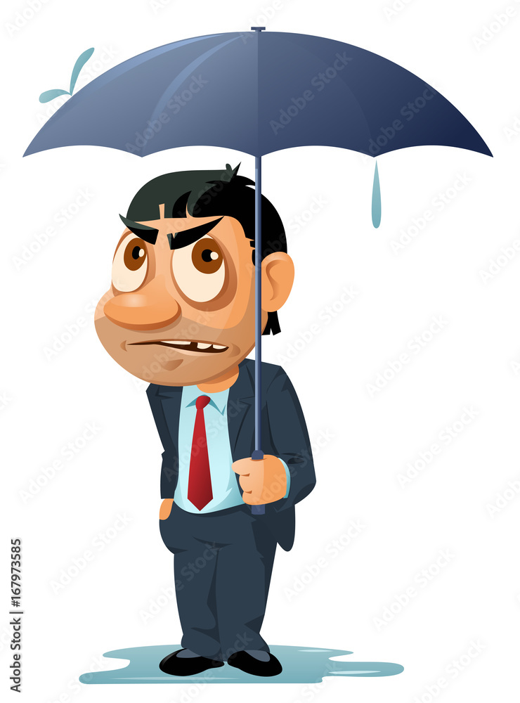 Bad weather. It's raining. Funny man in suit with umbrella. Cartoon ...