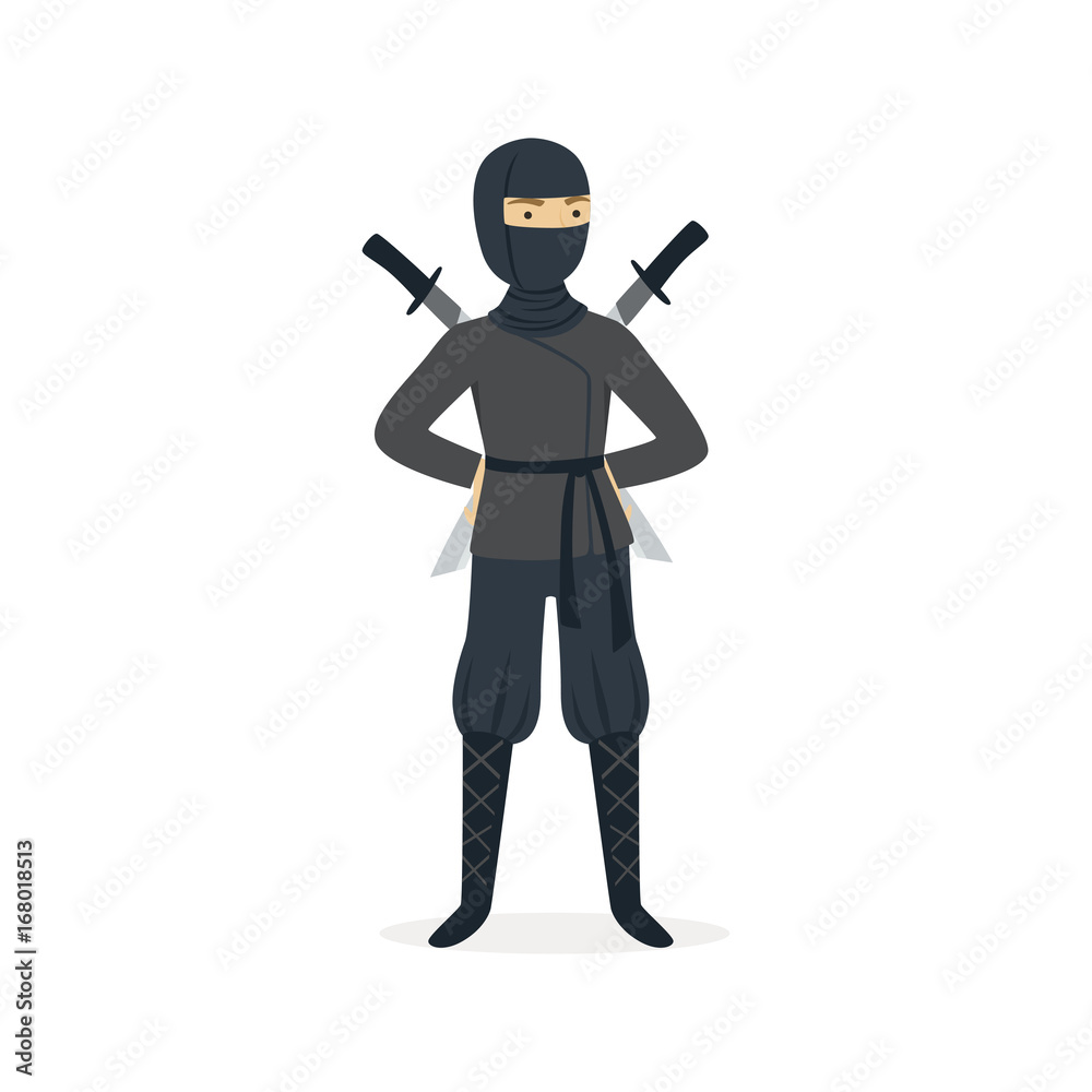 Ninja assassin character in a full black costume standing with katana ...