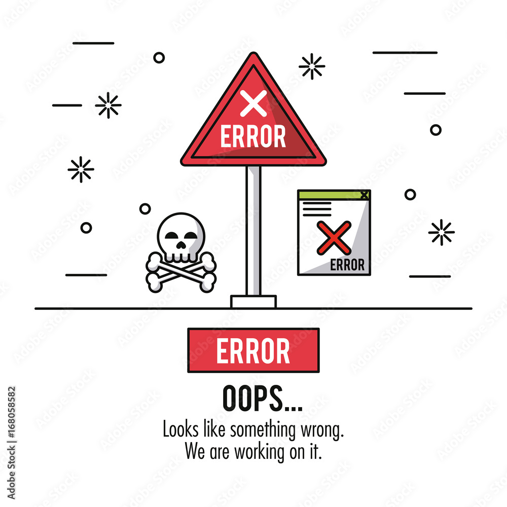white background with red triangle road sign error and skull and bones ...